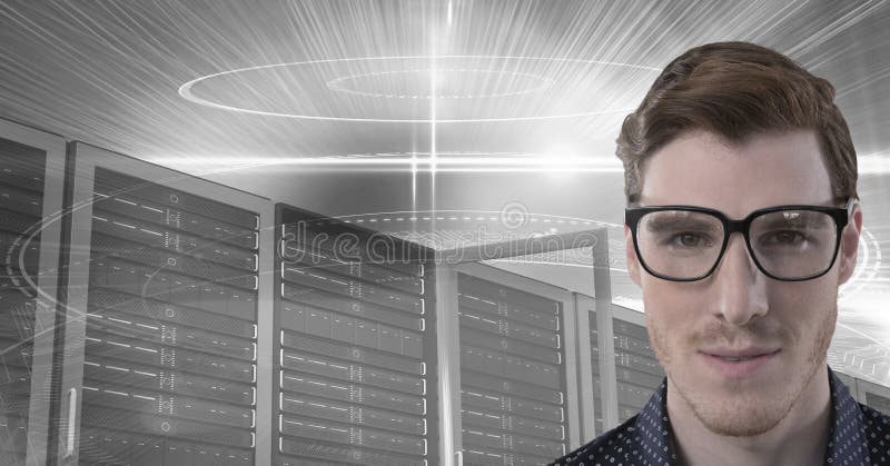 Man with Computer Servers and Technology Information Interface Stock ...