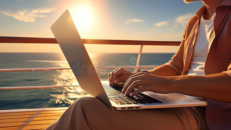 Man with Computer on Ship with Sea and Sun in Background. Man with ...