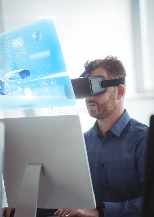 Man on Computer Wearing VR Virtual Reality Headset with Interface Stock ...