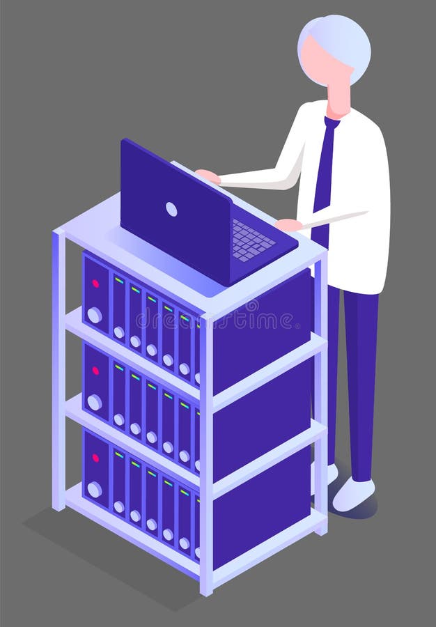 Man Working in Database Center on Computer Vector Stock Vector ...
