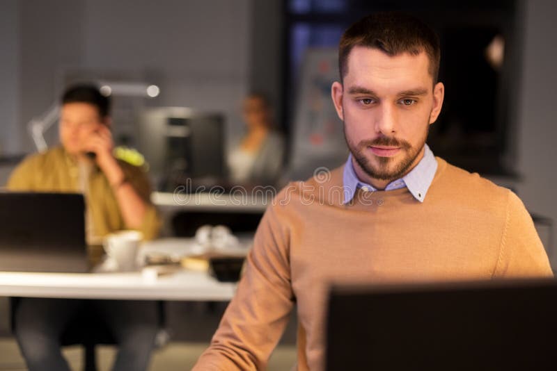 Man with Computer Working Late at Night Office Stock Photo - Image of ...