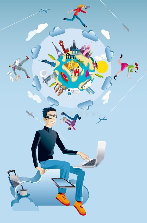 Man with Computer and World Globe Stock Vector - Illustration of africa ...