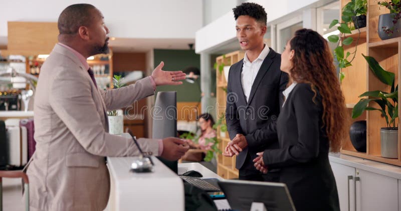 Man, Concierge and Angry with Dispute, Mistake and Drama in Hotel Lobby ...