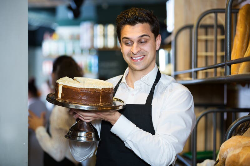 Man Confectioner Holding Delicious Cake Stock Photo - Image of cafe ...