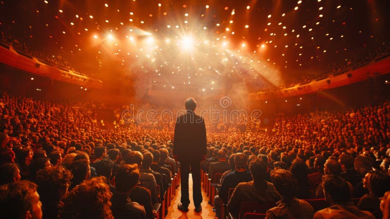 A Man Confidently Stands in Front of a Diverse Crowd, Passionately ...