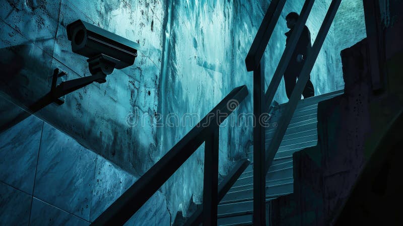 A Man Confidently Stands on a Stairway, with a Security Camera Keeping ...