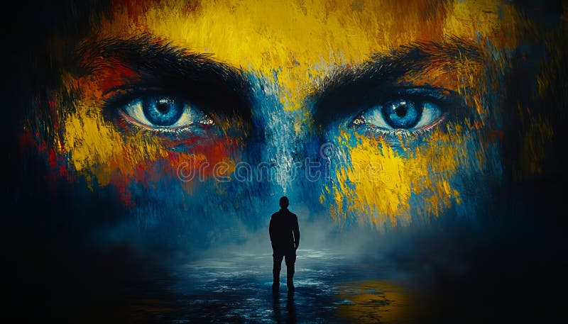 Man Confronts His Inner Self, Symbolized by a Giant, Expressive Painted ...