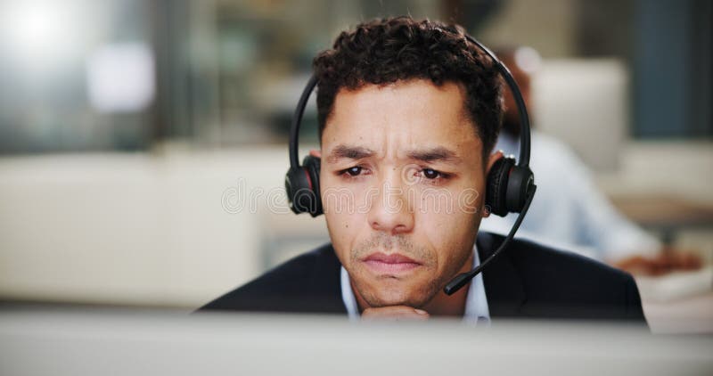Man, Confused and Call Center by Computer in Office, Communication or ...