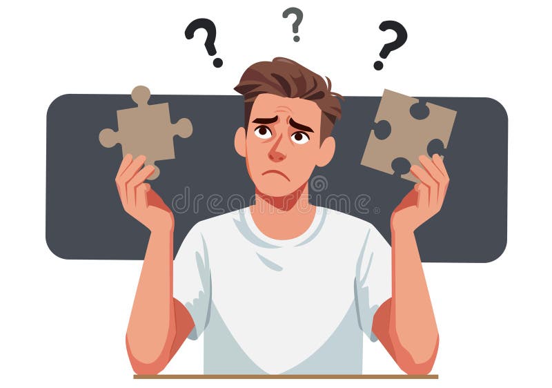 A Man is Confused about Putting Together a Jigsaw Puzzle Stock Vector ...