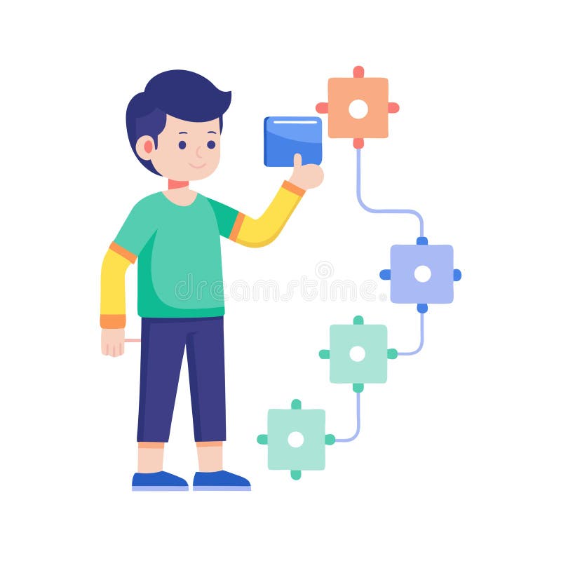 Man Connecting Abstract Workflow Diagram Elements, Visualizing Data ...