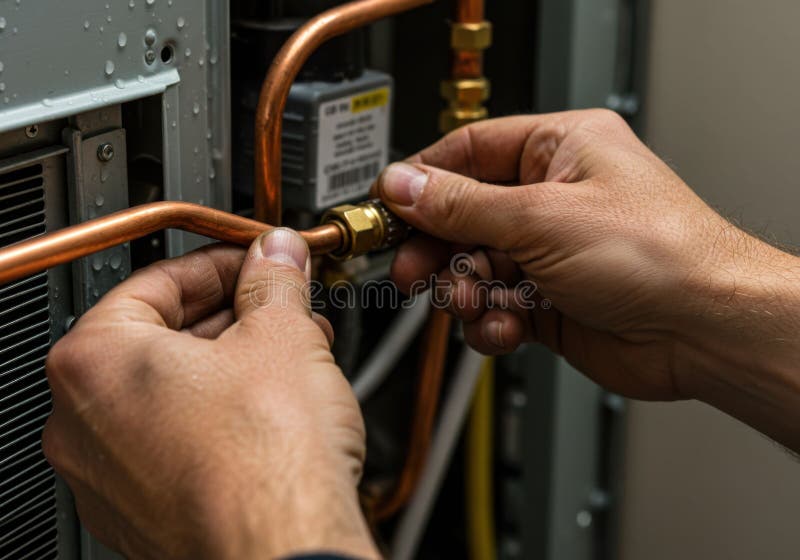 Man Connecting Copper Pipe on a Cooling System. Technician Installing ...