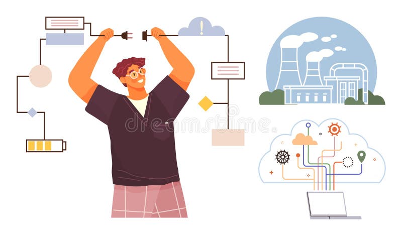 Man Connecting Electrical Circuits with Factory, Battery, and Data ...