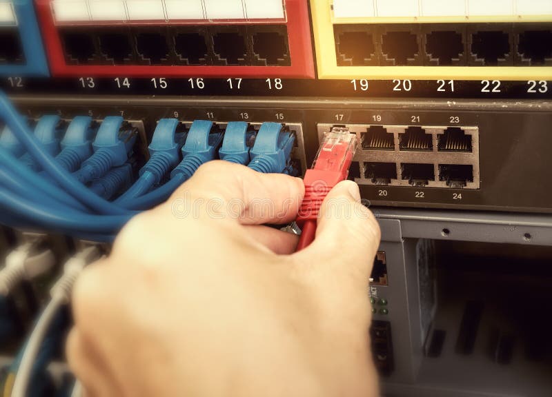 Man Connecting Fiber Network Cables Stock Image - Image of cable, plugs ...