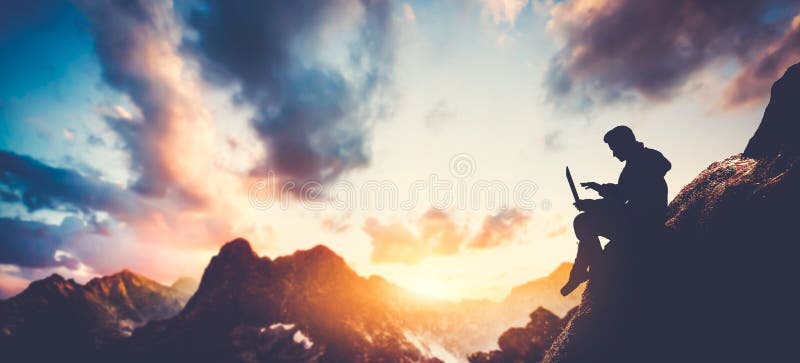 Man Connects To the Internet in the Mountains Stock Photo - Image of ...