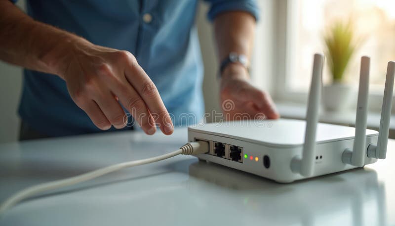 Man Connects Wire into Wireless Router. Home Network Setup. Person ...