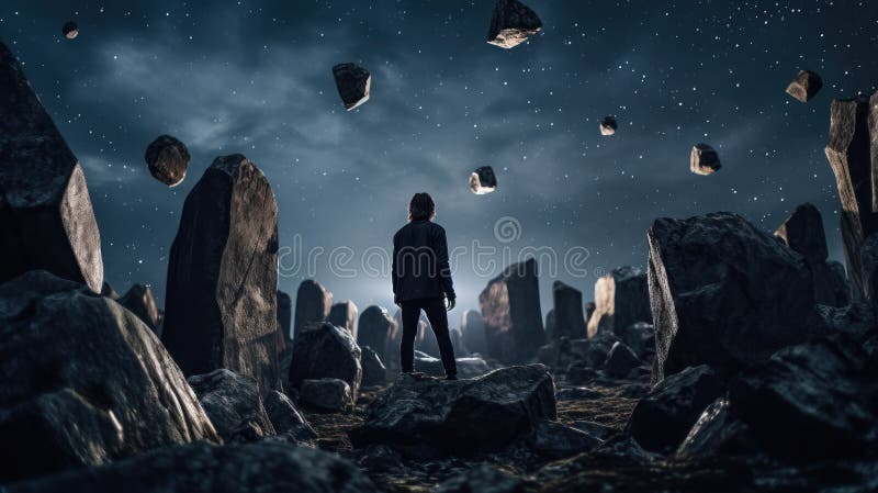 Man Conquers Space Rock Planet. Generative Ai Stock Illustration ...