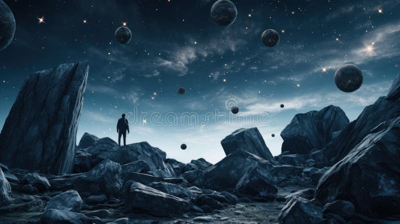 Man Conquers Space Rock Planet. Generative Ai Stock Illustration ...