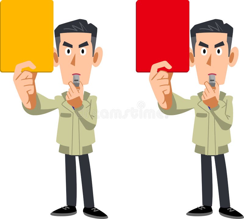 A Man in a Construction Shop Showing a Yellow Card and a Red Card Stock ...