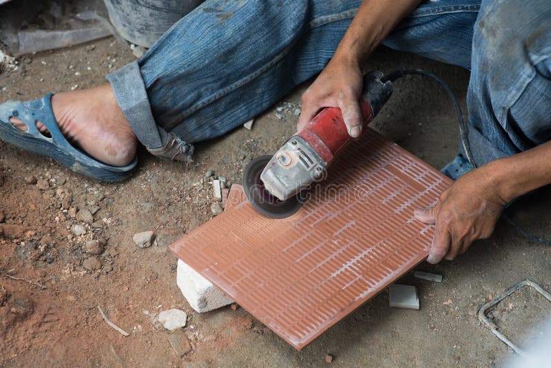 Man Construction Worker Cutting Tile with Electric Stock Image - Image ...