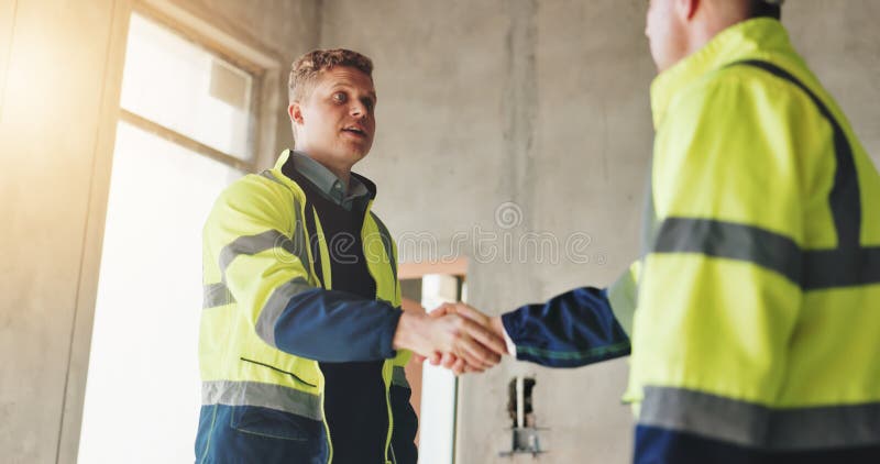 Man, Construction Worker and Handshake for Agreement, Renovation and ...