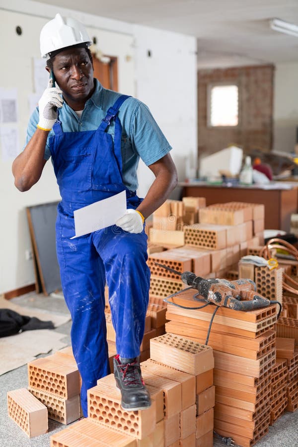 Man Construction Worker Having Telephone Conversation about ...
