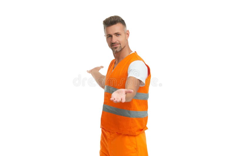 Man Construction Worker Presenting Good Work. Workman Isolated on White ...