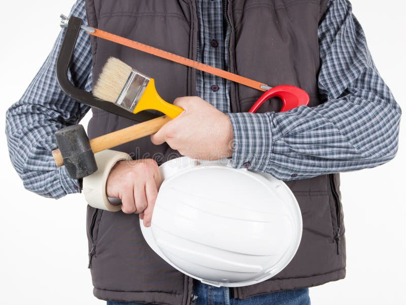 Detail Man Construction Worker on White with Helmet and Tools Stock ...
