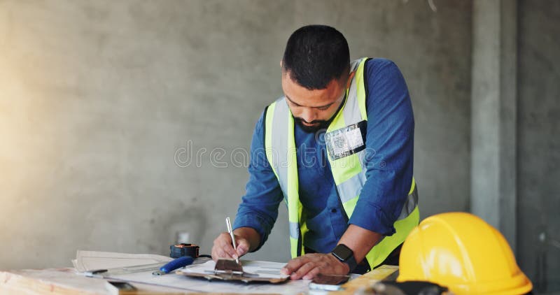 Man, Construction Worker and Writing with Clipboard, Renovation and ...