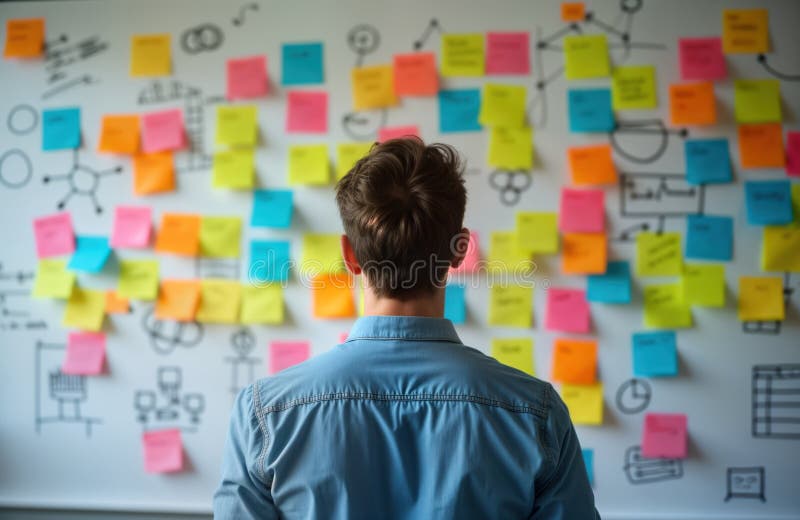 Man Contemplates Colorful Post-it Notes on Wall. Ideas, Tasks Visible ...