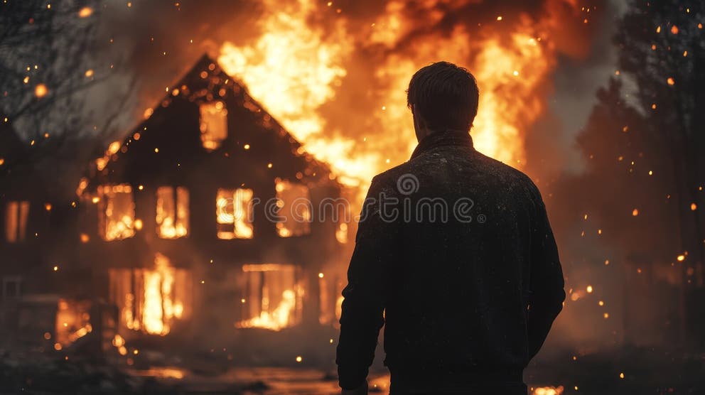 A Man Contemplates the Devastation of a Burning House, Symbolizing ...