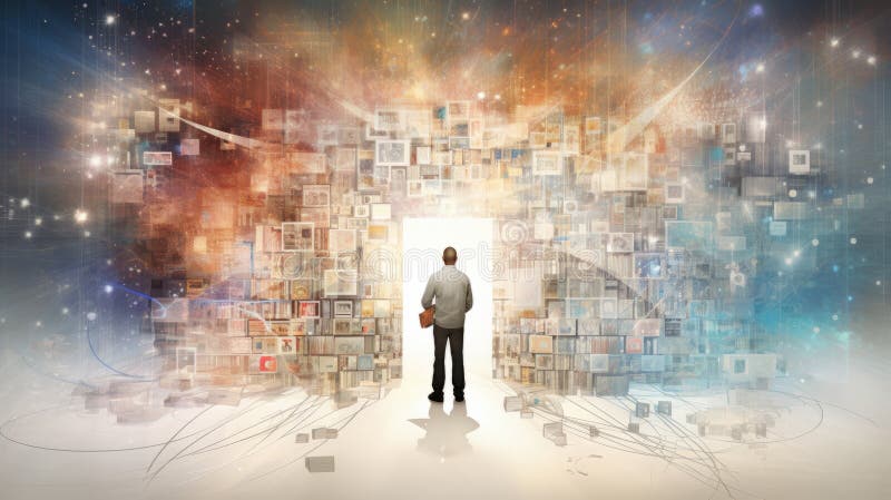 Man Contemplates an Expansive Cosmic Library, Symbolizing the Infinite ...