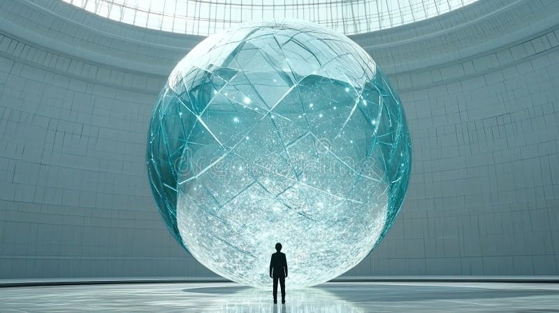 Man Contemplates Giant Sphere in Futuristic Hall Stock Photo - Image of ...