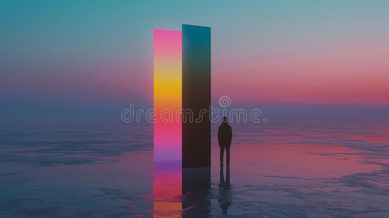Man Contemplating Abstract Light Monoliths Stock Photo - Image of dusk ...
