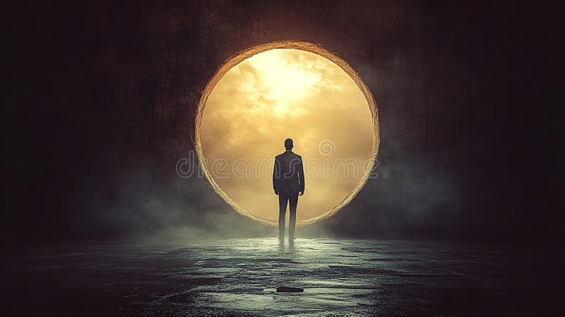 Man Contemplating Circular Portal in Dark Tunnel Stock Photo - Image of ...