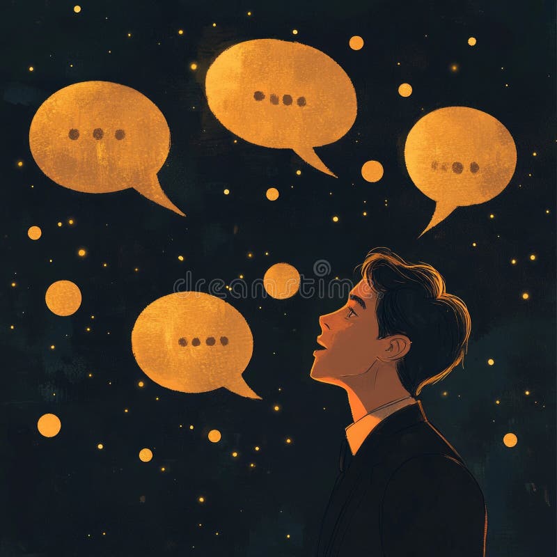 Man Contemplating Communication in Starry Night with Floating Speech ...