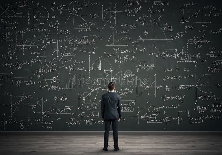 A Man Contemplating Complex Mathematical Equations on a Chalkboard a ...