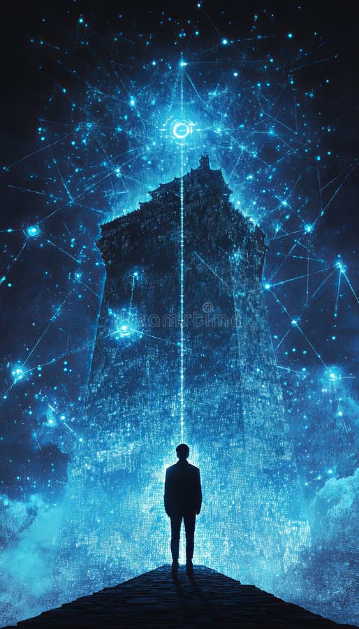 Man Contemplating Digital Outline of Ancient Structure, Futuristic ...