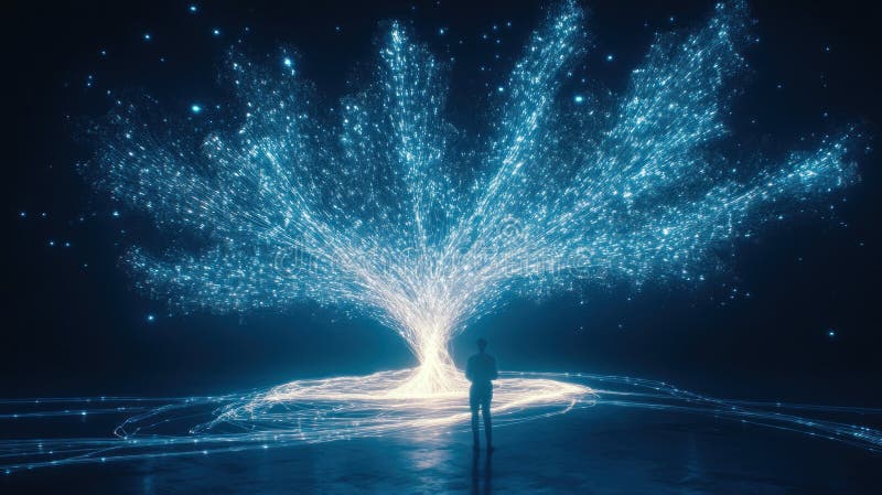 A Man Contemplating a Digital Tree of Light Stock Illustration ...