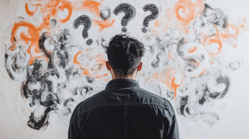 A Man Contemplating with Question Marks Above His Head in a Creative ...