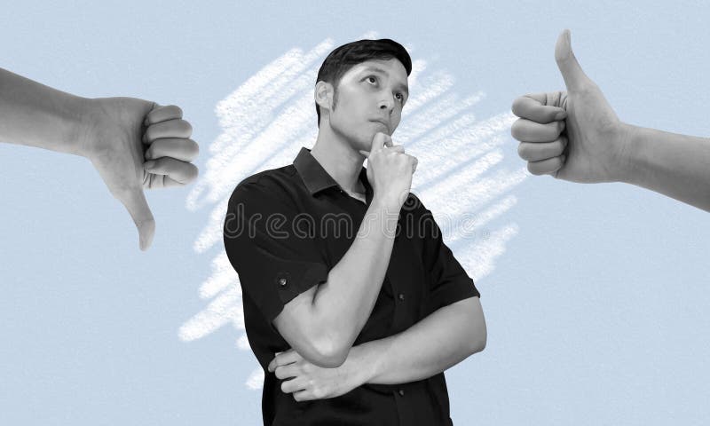 Man Contemplating and Thinking about Good and Bad Action. Thumbs Up and ...