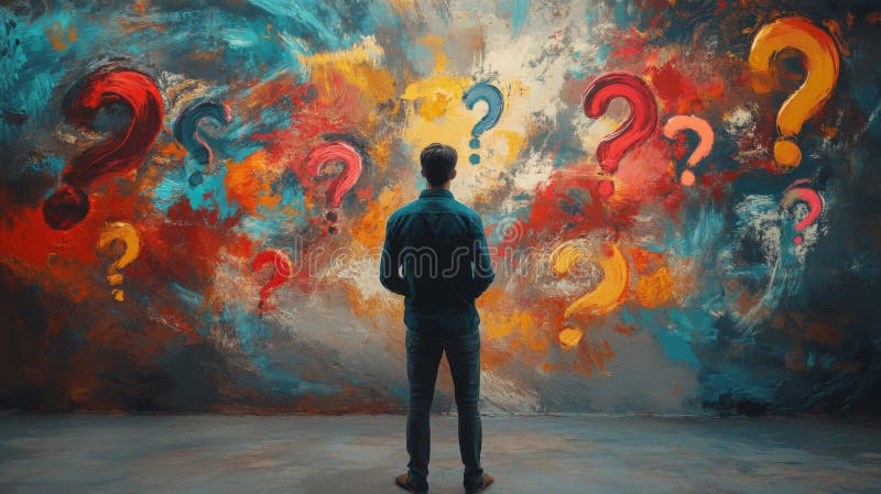 Man Contemplating a Wall of Question Marks in a Colorful Abstract ...