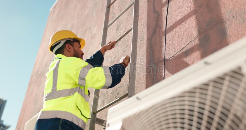 Man, Contractor and Climbing Wall on Ladder with Vent for Rooftop ...