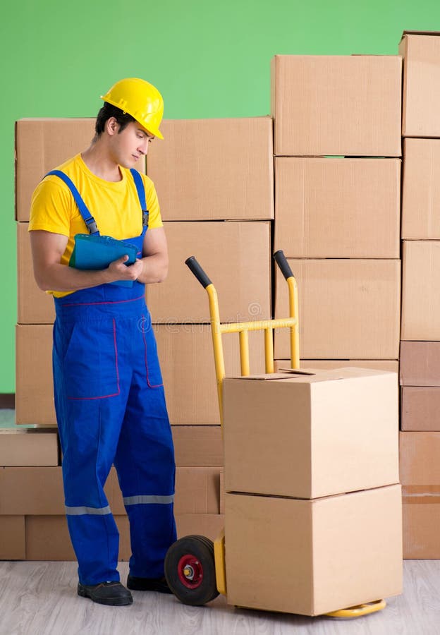Man Contractor Working with Boxes Delivery Stock Image - Image of ...