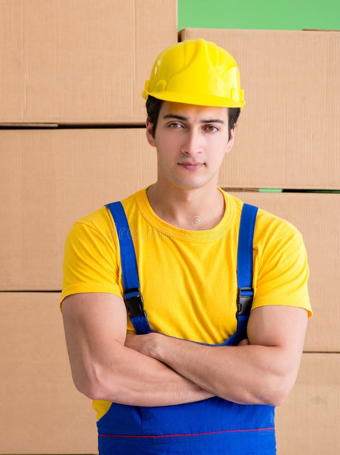 Man Contractor Working with Boxes Delivery Stock Image - Image of ...