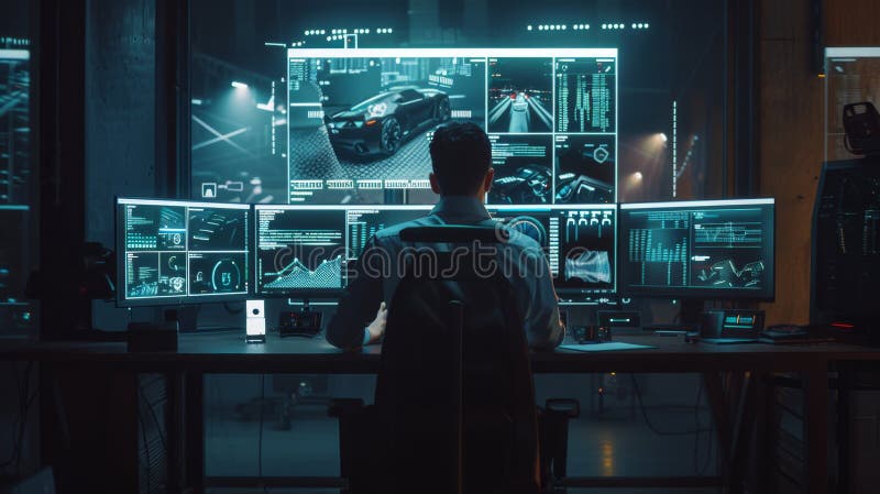 Man at Control Center Analyzing Data on Multiple Screens, Generative AI Stock Photo - Image of ...