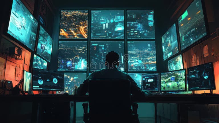 Man in Control Room Monitors Cybersecurity Data with Multiple Screens ...