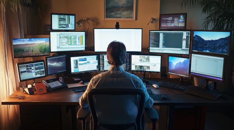 Man in a Control Room with Multiple Screens Stock Photo - Image of ...