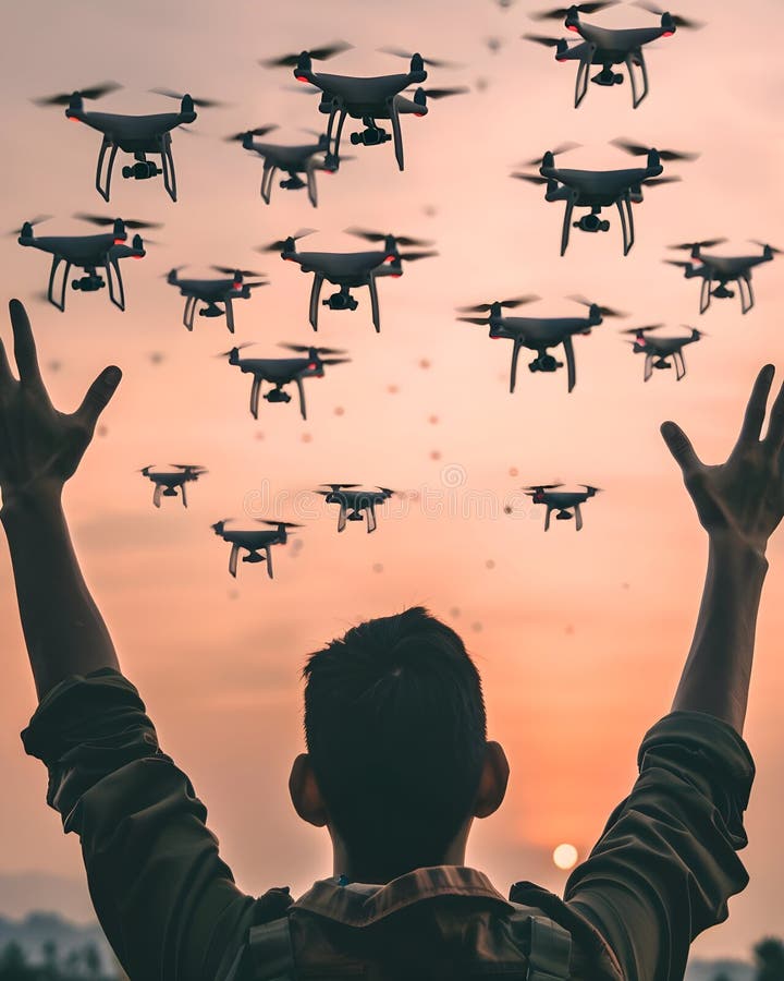Man Controlling Drone Swarm at Sunset – Futuristic Technology Concept ...