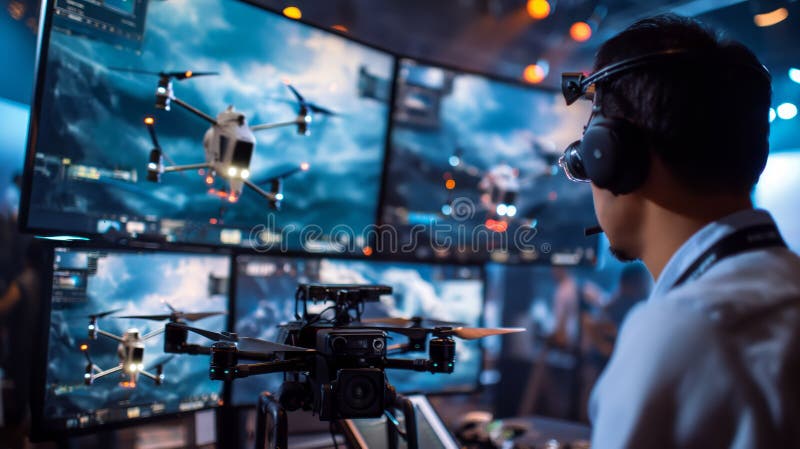 Man Controlling Drones in Exhibition Hall Stock Image - Image of data ...
