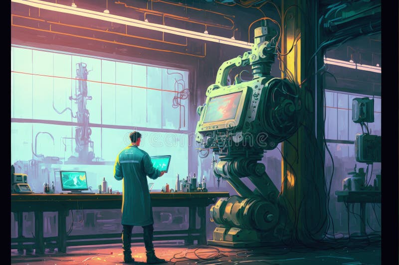 Man Controlling Robot with Wireless Device in Industrial Facility Stock ...